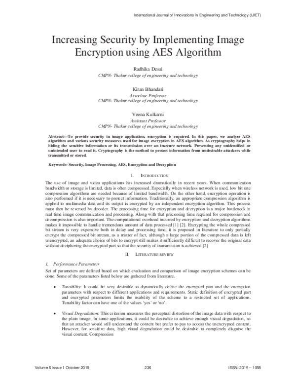 (PDF) Increasing Security by Implementing Image Encryption using AES Algorithm