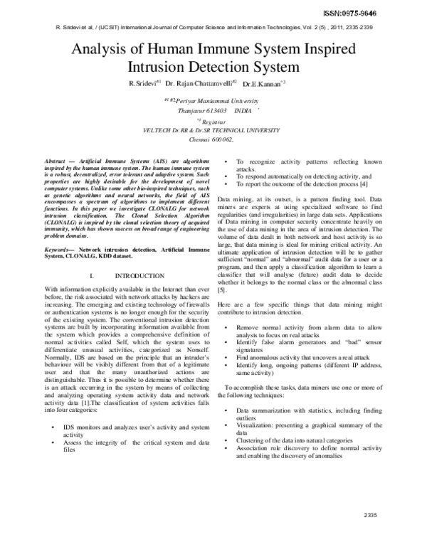 Pdf Analysis Of Human Immune System Inspired Intrusion Detection