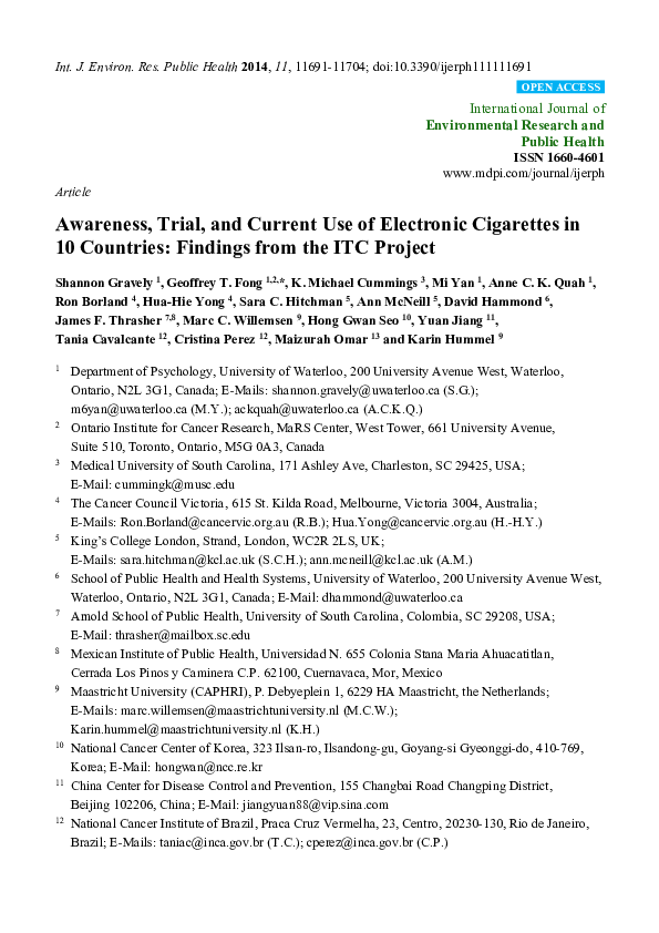 (PDF) Awareness, Trial, and Current Use of Electronic Cigarettes in 10 ...