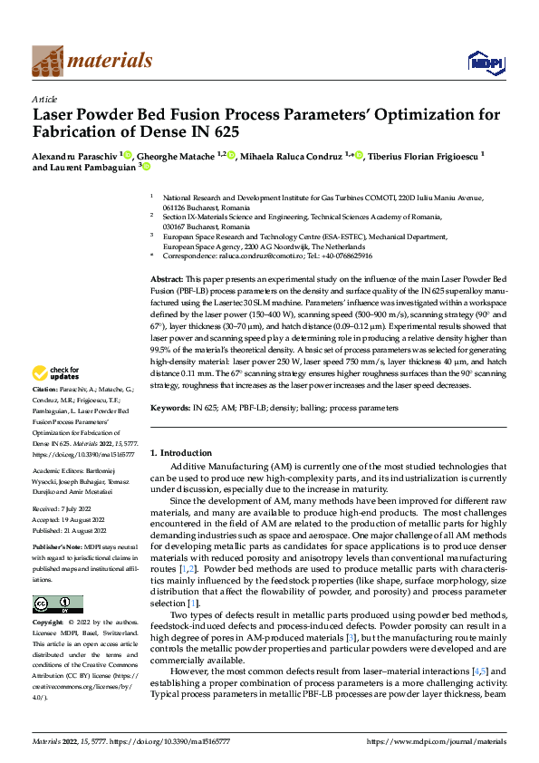 (PDF) Laser Powder Bed Fusion Process Parameters’ Optimization for Fabrication of Dense IN 625 ...