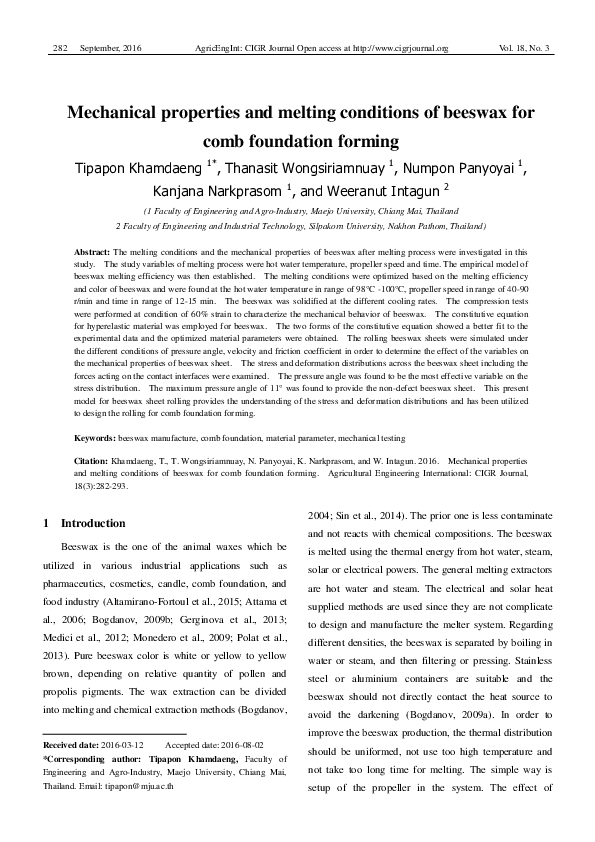 Mechanical properties and melting conditions of beeswax for comb ...