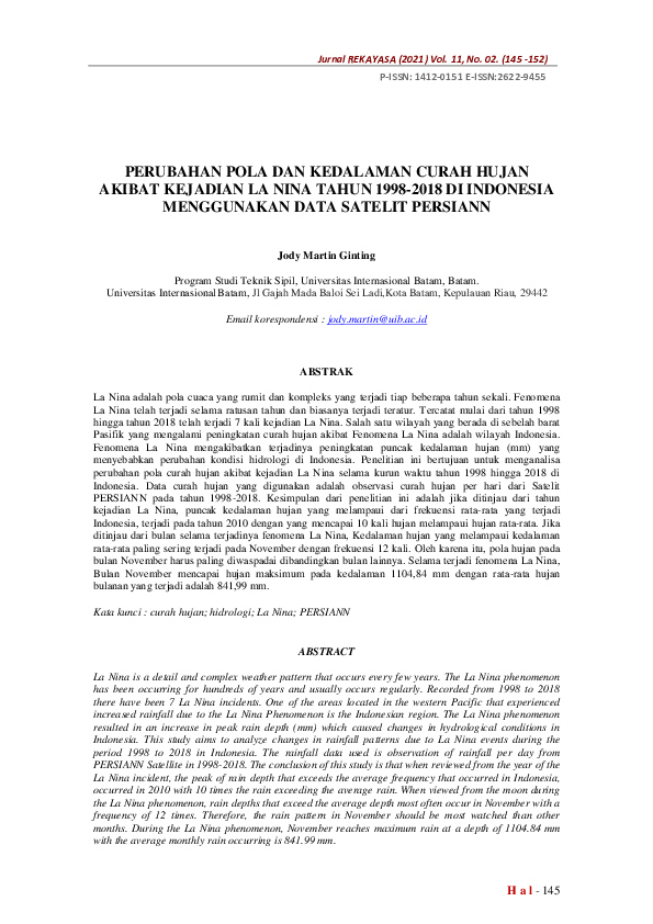 (PDF) Perubahan Pola Dan Kedalaman Curah Hujan Kejadian La Nina Tahun ...