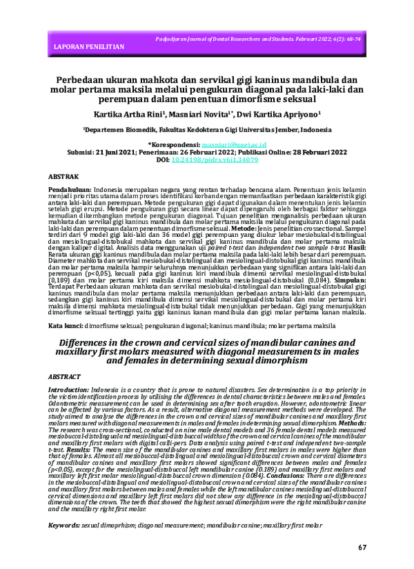 (PDF) Perbedaan ukuran mahkota dan servikal gigi kaninus mandibula dan ...