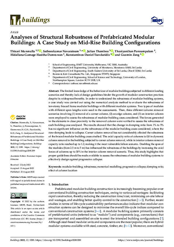 (PDF) Analyses of Structural Robustness of Prefabricated Modular Buildings: A Case Study on Mid ...