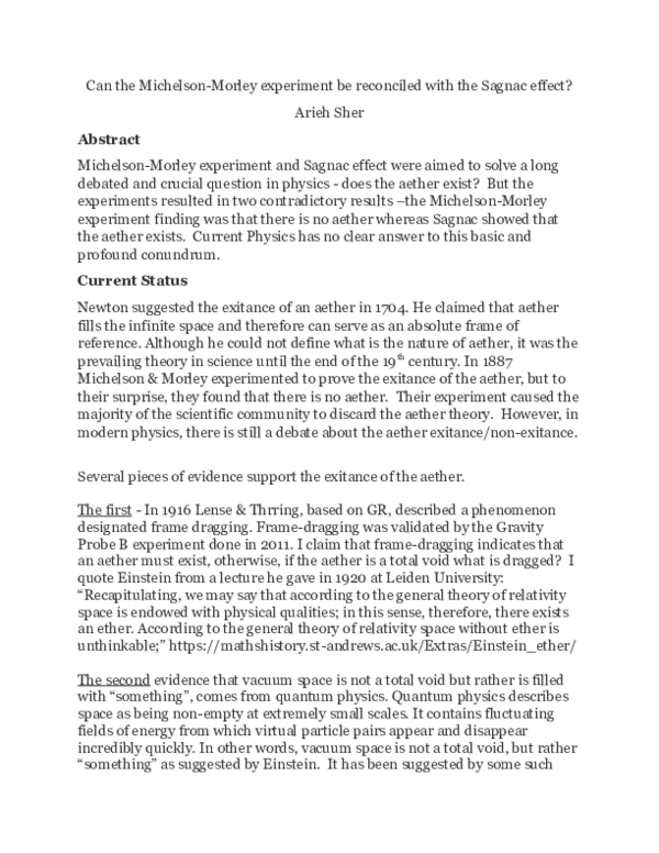 (DOC) Can the Michelson-Morley experiment be reconciled with the Sagnac ...