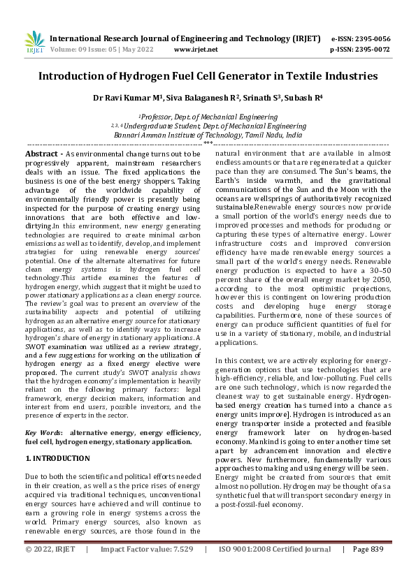 (PDF) Introduction of Hydrogen Fuel Cell Generator in Textile Industries
