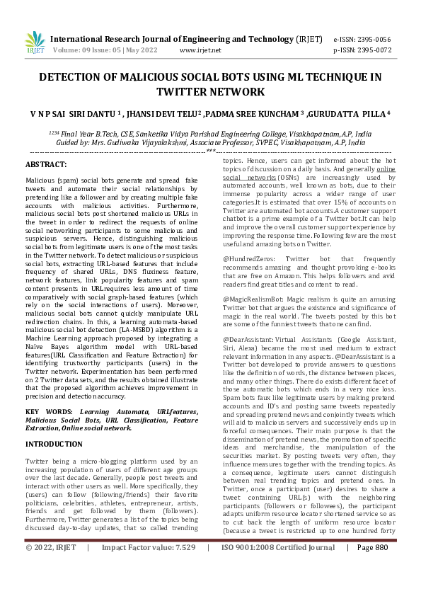 Pdf Detection Of Malicious Social Bots Using Ml Technique In Twitter Network