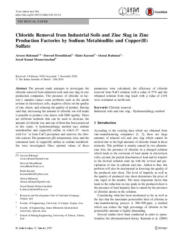 (PDF) Chloride Removal from Industrial Soils and Zinc Slag in Zinc ...