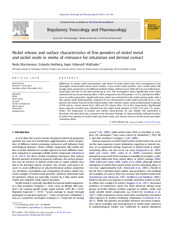 (PDF) Nickel release and surface characteristics of fine powders of ...