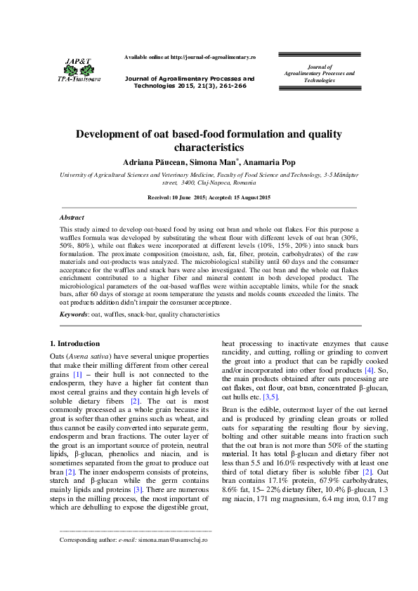 (PDF) Development of oat based-food formulation and quality characteristics