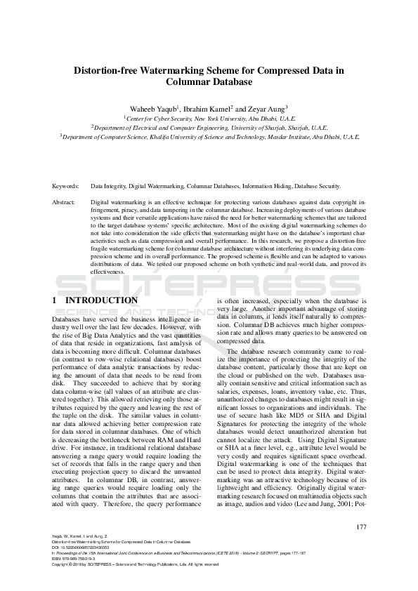 (PDF) Distortion-free Watermarking Scheme for Compressed Data in Columnar Database