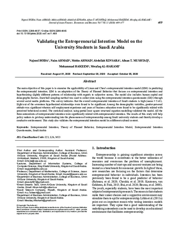 (PDF) Validating the Entrepreneurial Intention Model on the University Students in Saudi Arabia