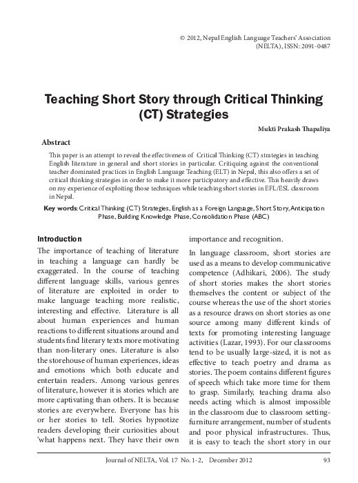 (PDF) Teaching Short Story through Critical Thinking (CT) Strategies
