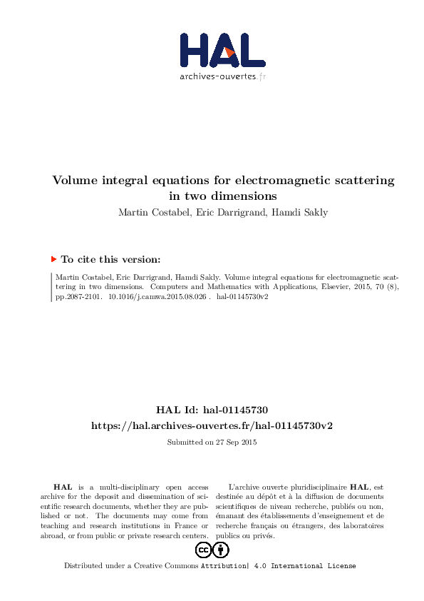 (PDF) Volume integral equations for electromagnetic scattering in two dimensions
