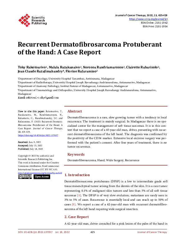(PDF) Recurrent Dermatofibrosarcoma Protuberant of the Hand: A Case Report