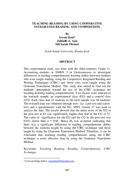 (PDF) Teaching Reading by Using Cooperative Integrated Reading and Composition