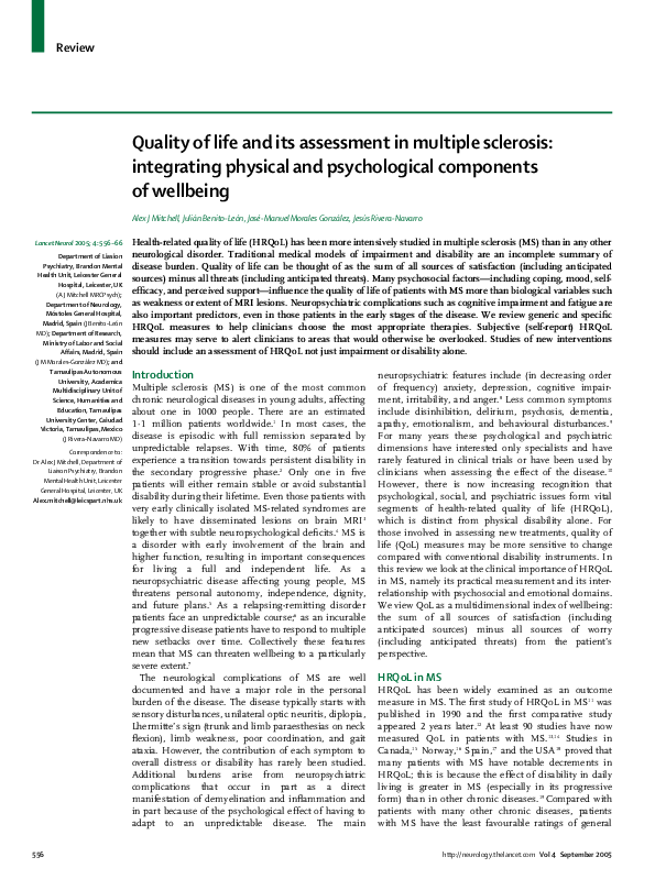 (PDF) Quality of life and its assessment in multiple sclerosis: integrating physical and ...