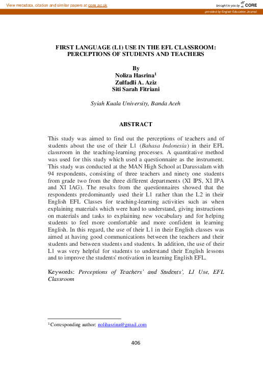 (PDF) First Language (L1) Use in the EFL Classroom: Perceptions of Students and Teachers