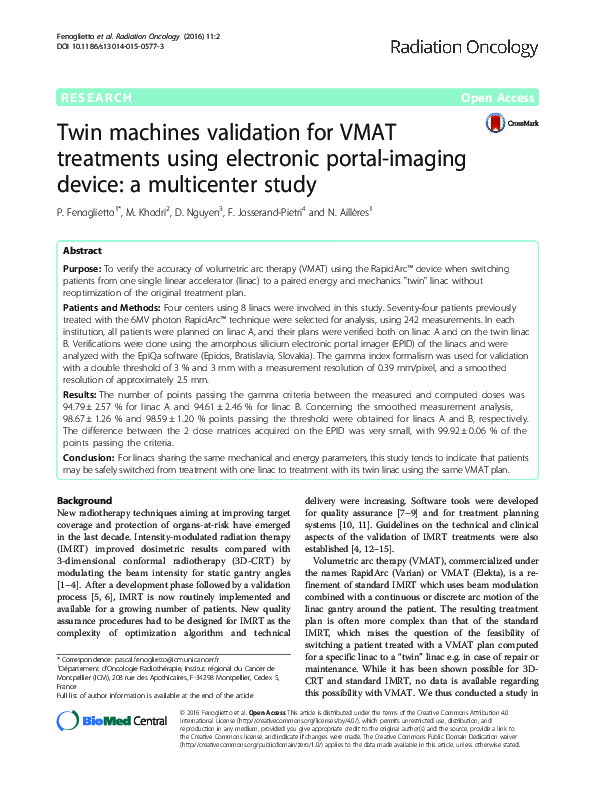(PDF) Twin machines validation for VMAT treatments using electronic portal-imaging device: a ...