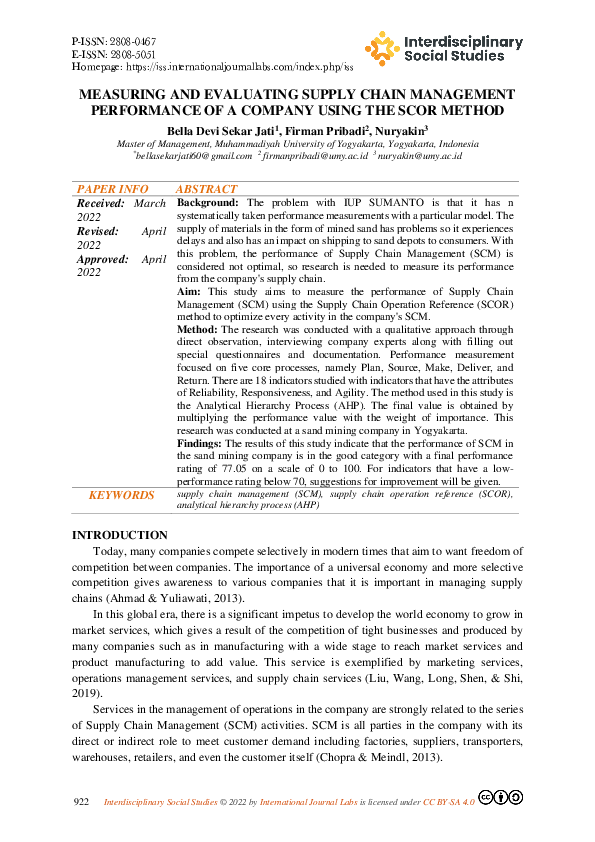 (PDF) Measuring and Evaluating Supply Chain Management Performance of a Company Using the Scor ...