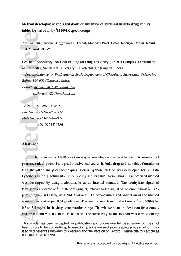 Pdf Method Development And Validation Quantitation Of Telmisartan Bulk Drug And Its Tablet