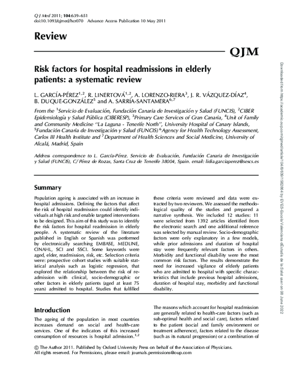 (PDF) Risk factors for hospital readmissions in elderly patients: a ...