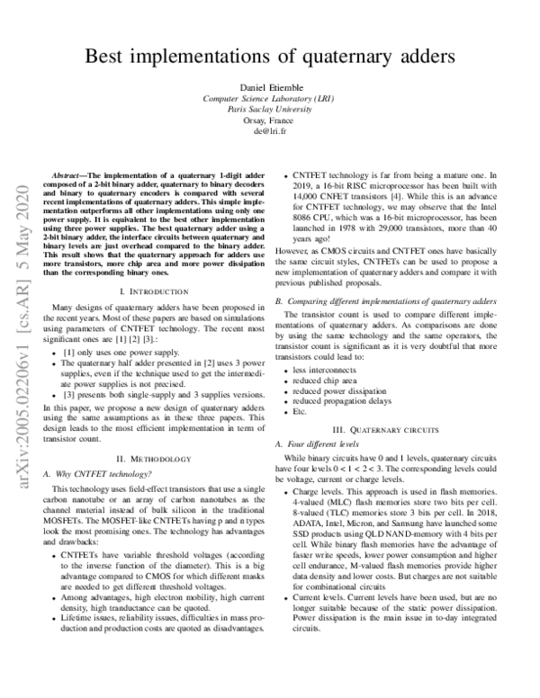 (PDF) Best implementations of quaternary adders