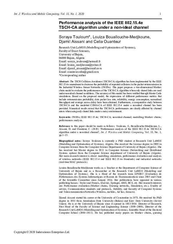 (PDF) Performance analysis of the IEEE 802.15.4e TSCH-CA algorithm ...