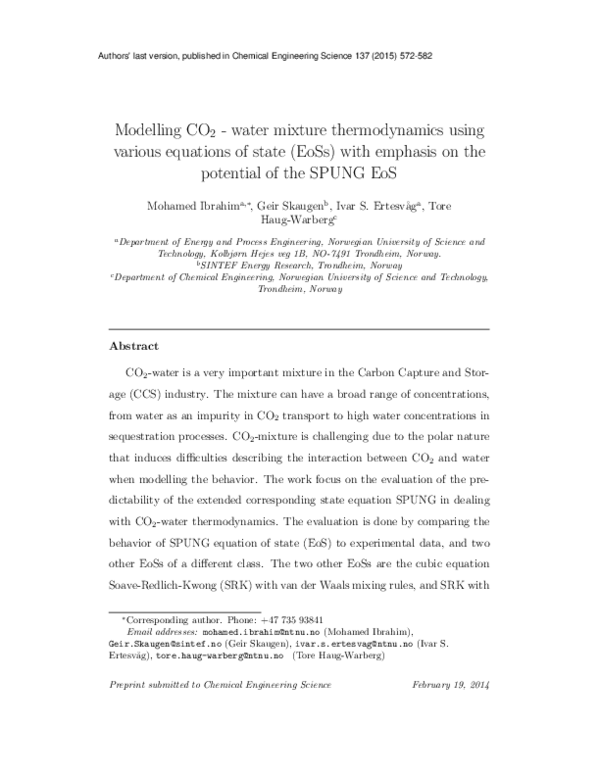 (PDF) Modeling CO2–water mixture thermodynamics using various equations of state (EoSs) with ...
