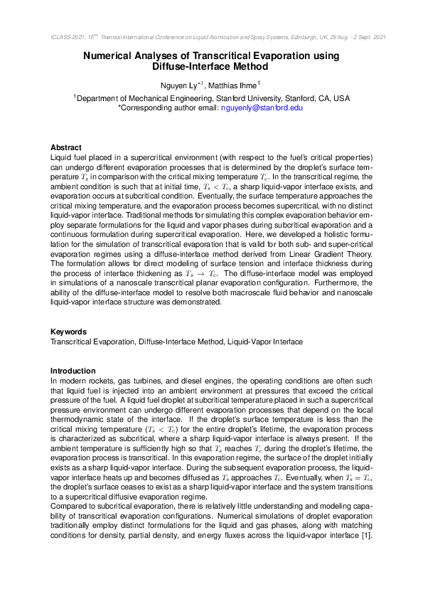 Pdf Numerical Analyses Of Transcritical Evaporation Using Diffuse Interface Method 
