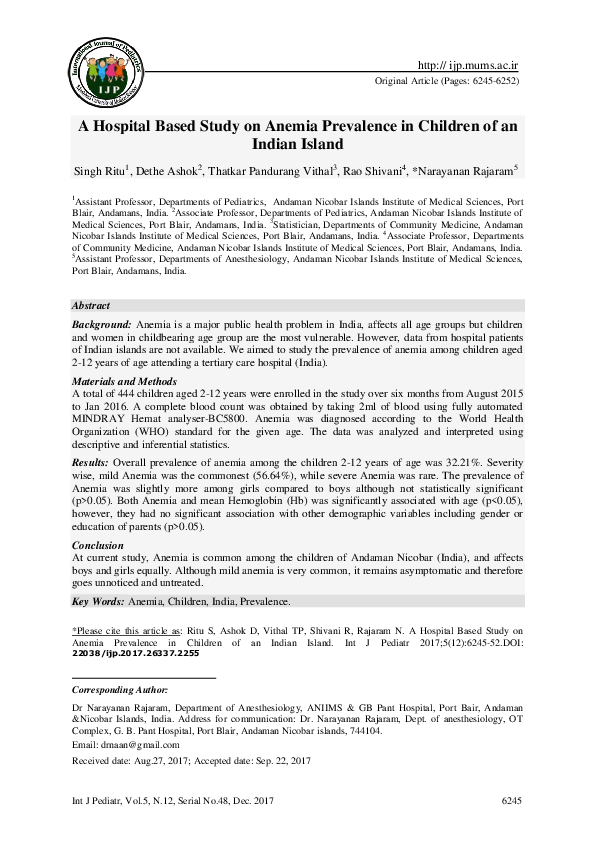 (PDF) A Hospital Based Study on Anemia Prevalence in Children of an ...