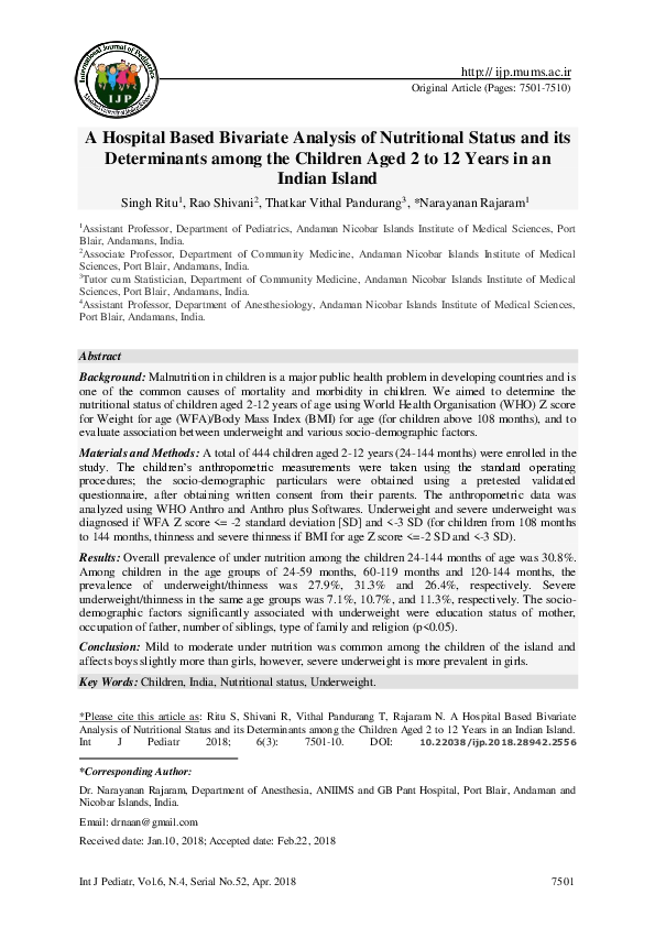 Pdf A Hospital Based Bivariate Analysis Of Nutritional Status And Its