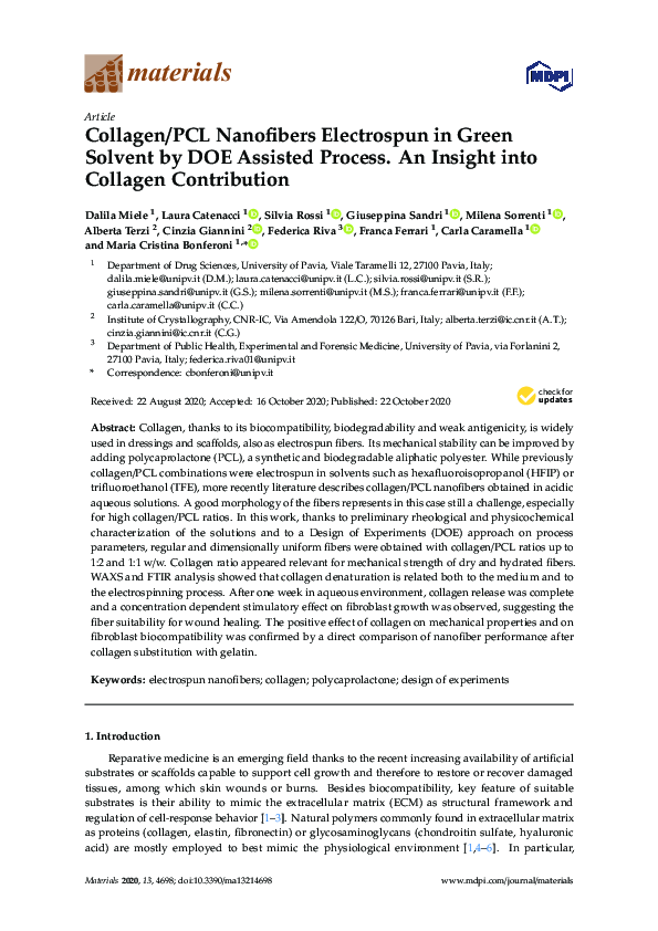 (PDF) Electrospun Collagen/PCL Nanofibers via Green Solvent DOE