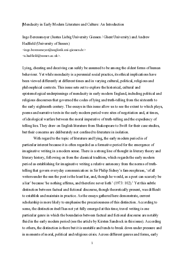 (PDF) Mendacity in Early Modern Literature and Culture: An Introduction