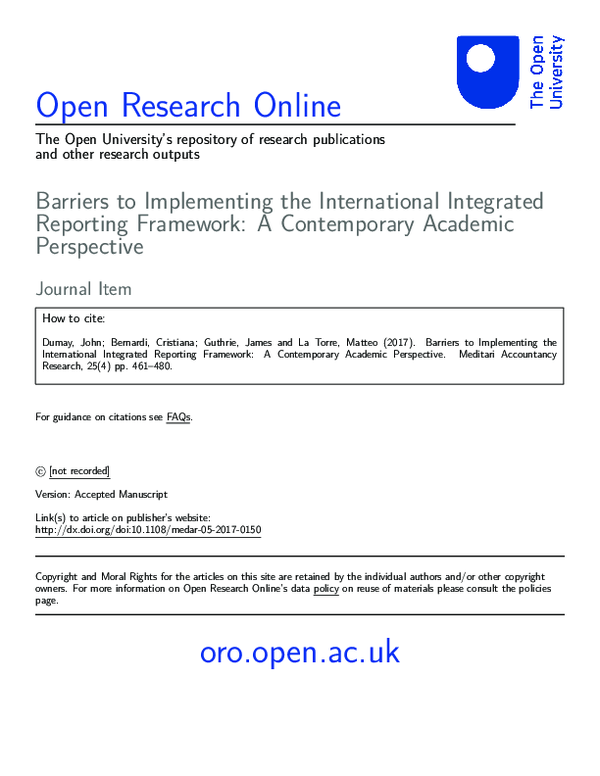 (PDF) Barriers to implementing the International Integrated Reporting Framework