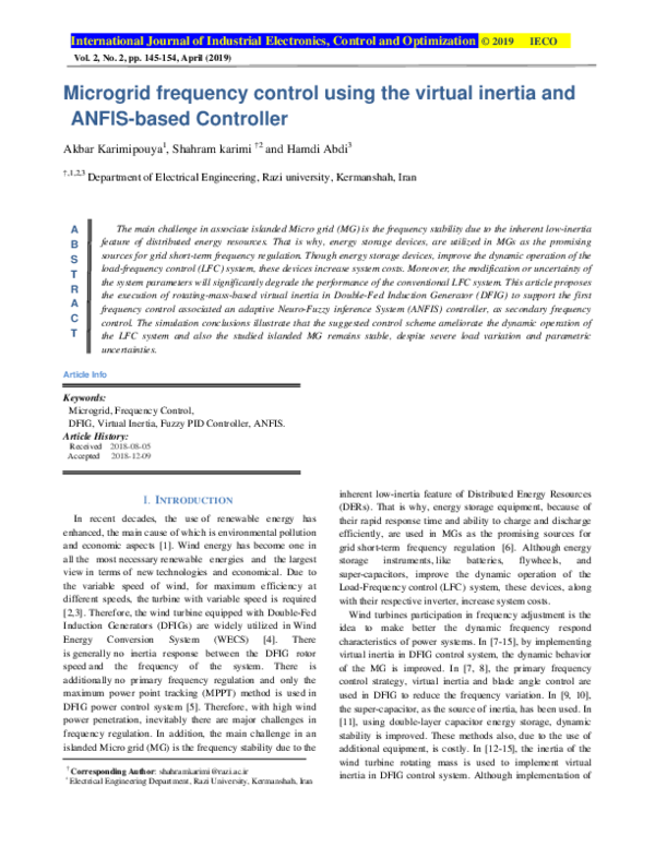 (PDF) Microgrid frequency control using the virtual inertia and ANFIS-based Controller