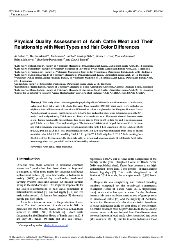 (PDF) Physical Quality Assessment of Aceh Cattle Meat and Their Relationship with Meat Types and ...