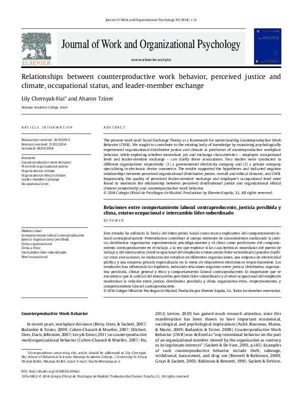 (PDF) Relationships between counterproductive work behavior, perceived ...