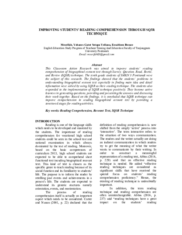 (PDF) Improving Students’ Reading Comprehension Through SQ3R Technique