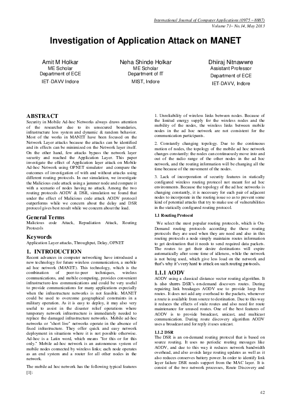 (PDF) Investigation of Application Attack on MANET