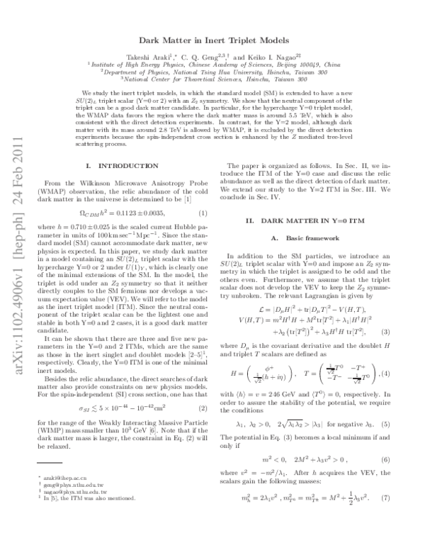 (PDF) Dark matter in inert triplet models