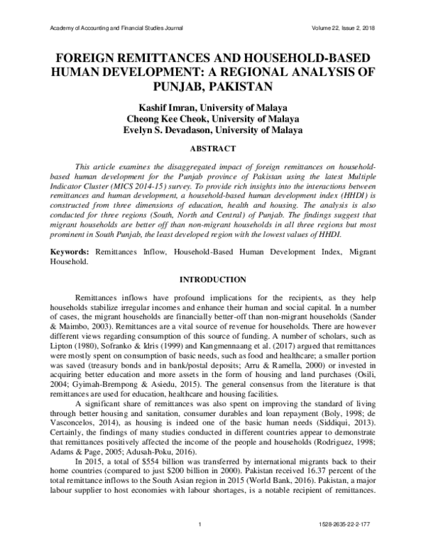 (PDF) Foreign Remittances and Household-Based Human Development: A Regional Analysis of Punjab ...