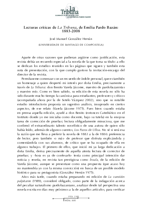 (PDF) Lecturas críticas de La Tribuna, de Emilia Pardo Bazán: 1883-2008