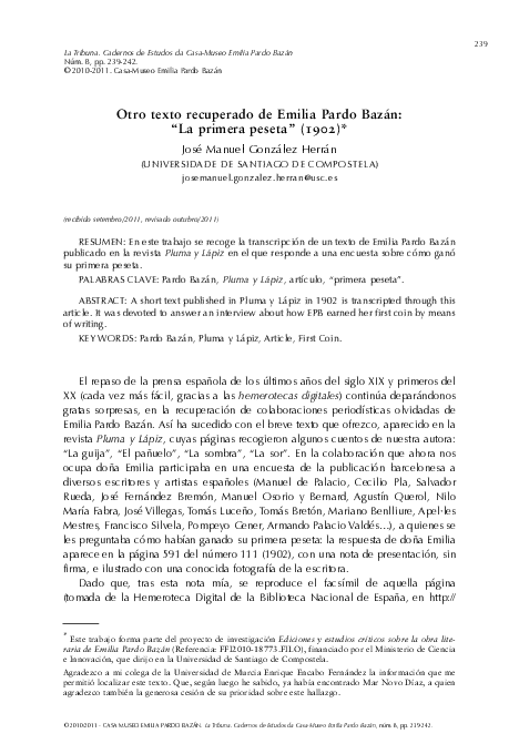 (PDF) Otro texto recuperado de Emilia Pardo Bazán: “La primera peseta” (1902)*