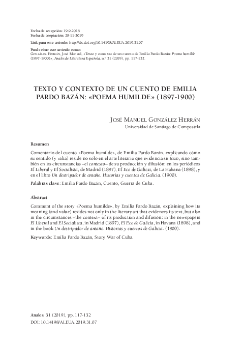 (PDF) Texto y contexto de un cuento de Emilia Pardo Bazán: «Poema humilde» (1897-1900)