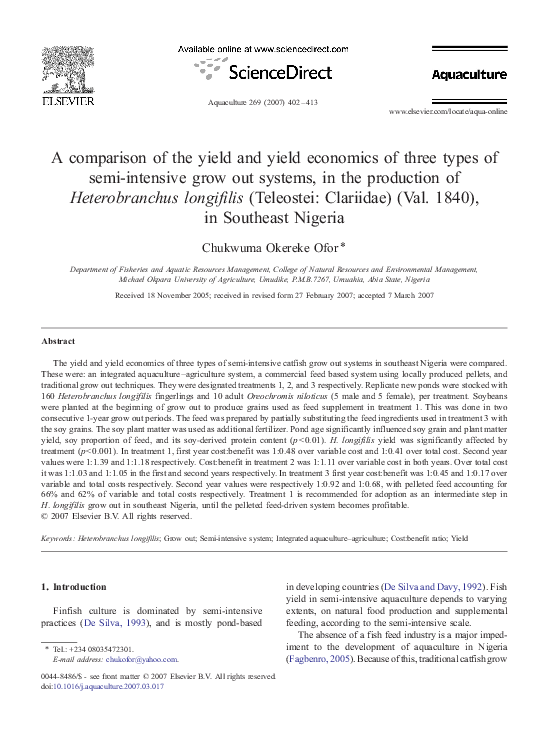 (PDF) Comparative Yield of Catfish Grow Out Systems