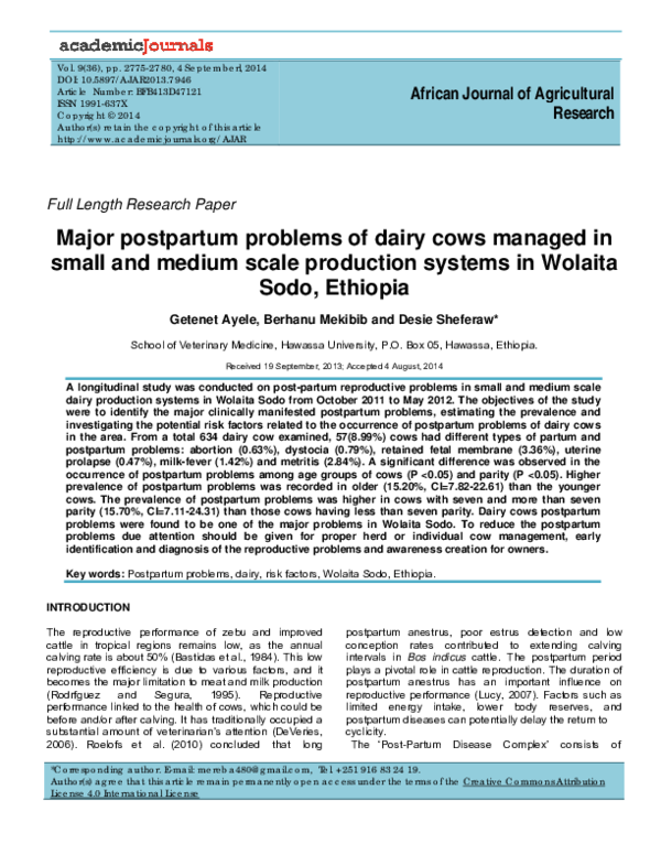 (PDF) Major postpartum problems of dairy cows managed in small and ...