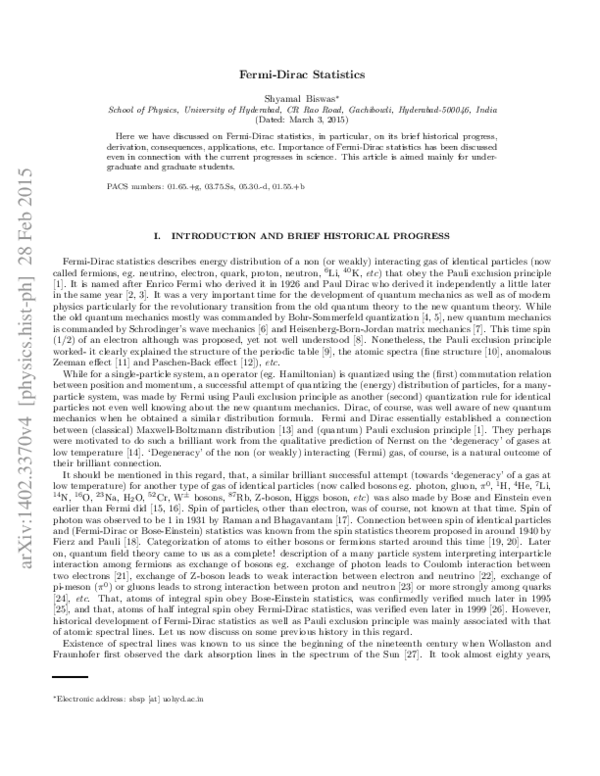 (PDF) Fermi-Dirac statistics