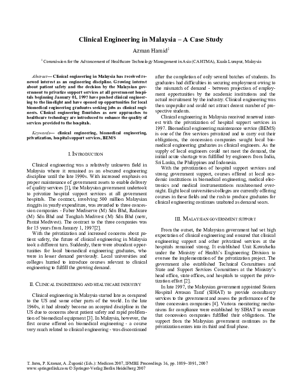 (PDF) Clinical Engineering in Malaysia – A Case Study