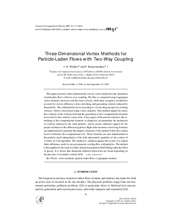 Pdf Three Dimensional Vortex Methods For Particle Laden Flows With Two Way Coupling Jens